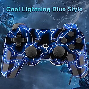 Blue Wireless Remote Works for PS3 Controller, OUBNAG Gamepad for PS3 Controllers Compatible with Playstation 3 Controller, Cool Lightning Pa3 Controller Gift for Kids Boy Girl Man Lightning Blue
