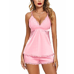 Avidlove Sexy Satin Sleepwear Lingerie 2 Piece Silk Pjs Cami top and Shorts Sleep Camisole Nightwear Gift Pink