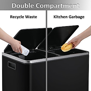 Arlopu 12 GallonStainless Steel Trash Can, 48L Dual Compartment, Metal Kitchen Step Recycle Bin, Metal Double Dustbin, in-Home Garbage Rubbish Can W/Removable Liner Buckets (Black)