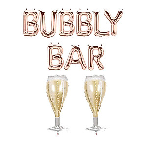 AnnoDeel 16inch BUBBLY BAR Letter Foil Balloons, Rose Gold Letter Balloons and 2pcs Champagne Glass Mylar Balloons for Bridal Shower Engagement Party Banner Wedding Graduation Party Supplies