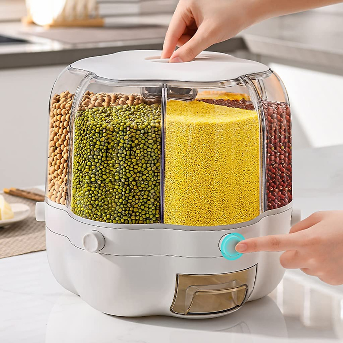 6 Grid Grain Container, 360° Rotating Food Dispenser Measuring Cylinder with Lid, Rice Storage Bucket, Dry Food Dispenser,for Kitchen Storage with Cup, 10kg/12.5kg ( Color : White , Size : 12.5kg )