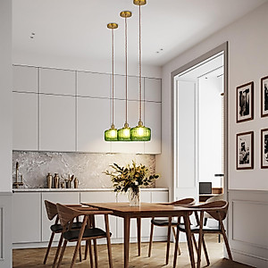 Qufute Green Hanging Light Vintage Modern Pendant Light Fixture with Stripe Green Glass Shade Glass Pendant Lighting Gold Pendant Lamp for Kitchen Island Bedroom Farmhouse