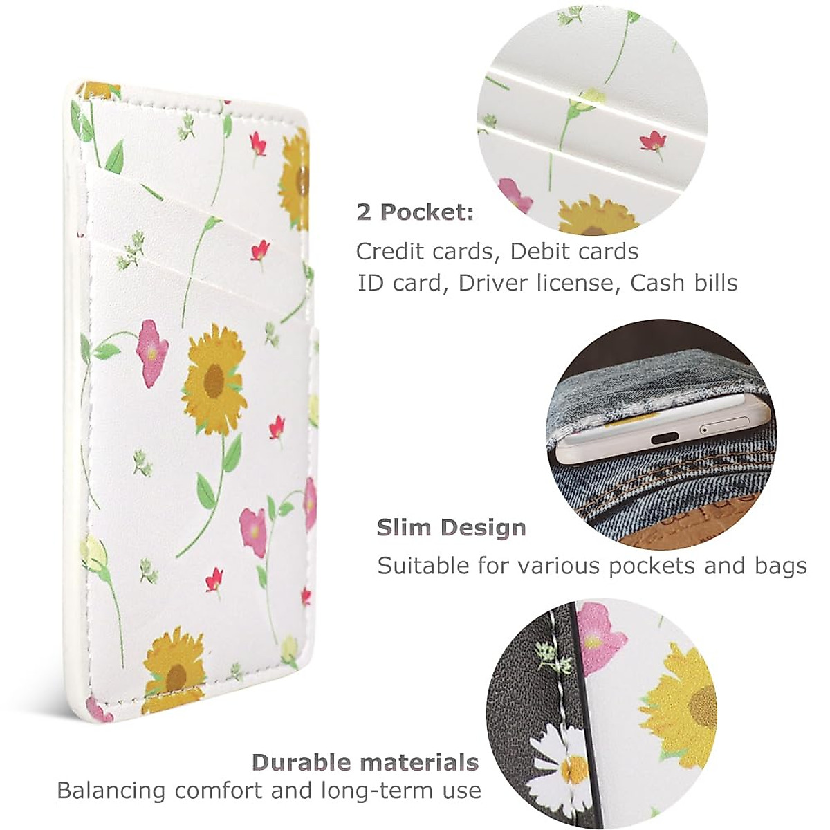 2Pack Card Holder for Phone Case, Leather Phone Card Holder, Cute Stick On Credit Card Wallet for Back of Phone iPhone and Android - White,Black