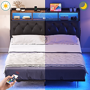 YITAHOME Full Floating Bed Frame with LED Lights, Platform Bed Frame with USB and Type C Ports Button Tufted Headboard, Upholstered Platform Bed with Bag, No Box Spring Needed, Noise Free, Black