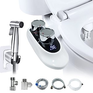 2-in-1 Bidet Attachment for Toilet with Handheld Bidet Sprayer, Temperature Display Hot & Cold Water Non-Electric Frontal & Rear Wash Bidet Attachment, Self-Cleaning Dual Nozzle & Adjustable Pressure