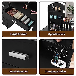 Quimoo Vanity Desk with Mirror and 10 LED Lights, Makeup Vanity with Charging Station and 4 Drawers Chest & Shelves, Vanity Set, Vanity Table with Cushioned Stool, for Bedroom, Black