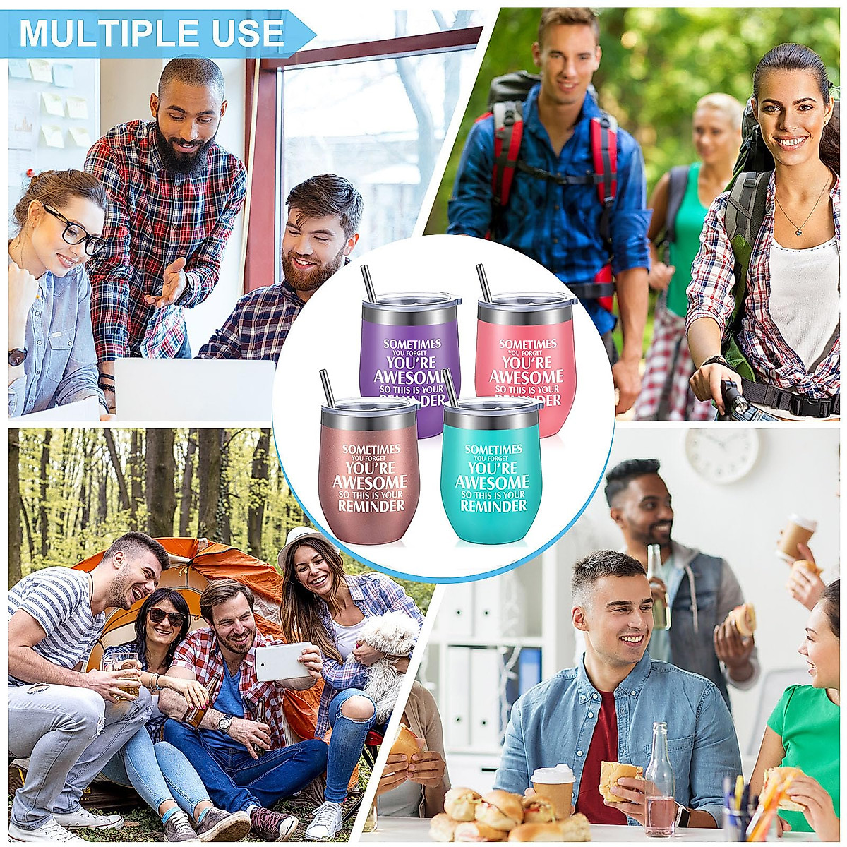 Sieral 4 Pcs Thank You Gifts for Women Appreciation Wine Tumbler Staff Employee Teacher Inspirational Birthday Graduation Are Awesome with Straw Stainless Steel Insulated 12 oz, Multicolor