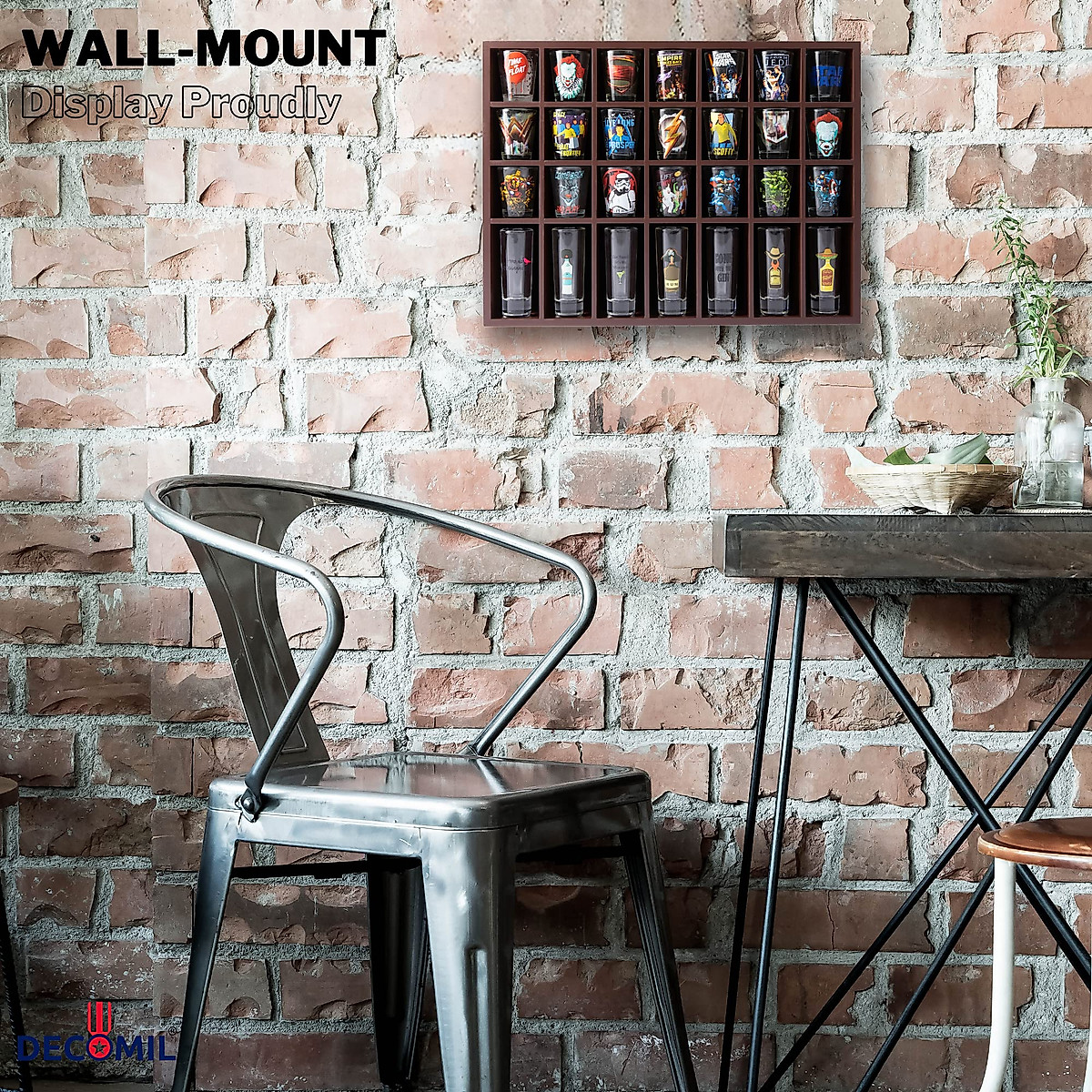 DECOMIL Shot Glass Display Case for Wall & Free Standing, Shot Glass Holder for Tall Shot Glasses/Shooter Display, for 28 Glass, Solid Wood, Shot Glass Display Rack Without Door