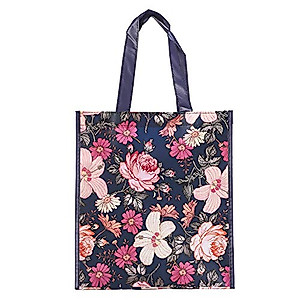 Christian Art Gifts Reusable Shopping Tote Bag | Love Mercy Peach Floral Micah 6:8 Bible Verse | Inspirational Durable Navy Blue Tote Bag for Groceries, Books, Supplies