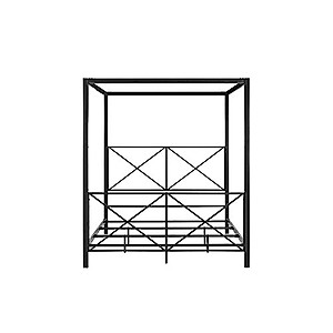 DHP Rosedale Metal Canopy Bed Frame with Four Poster Design and Geometric Accented Headboard and Footboard, Underbed Storage Space, Queen, Black