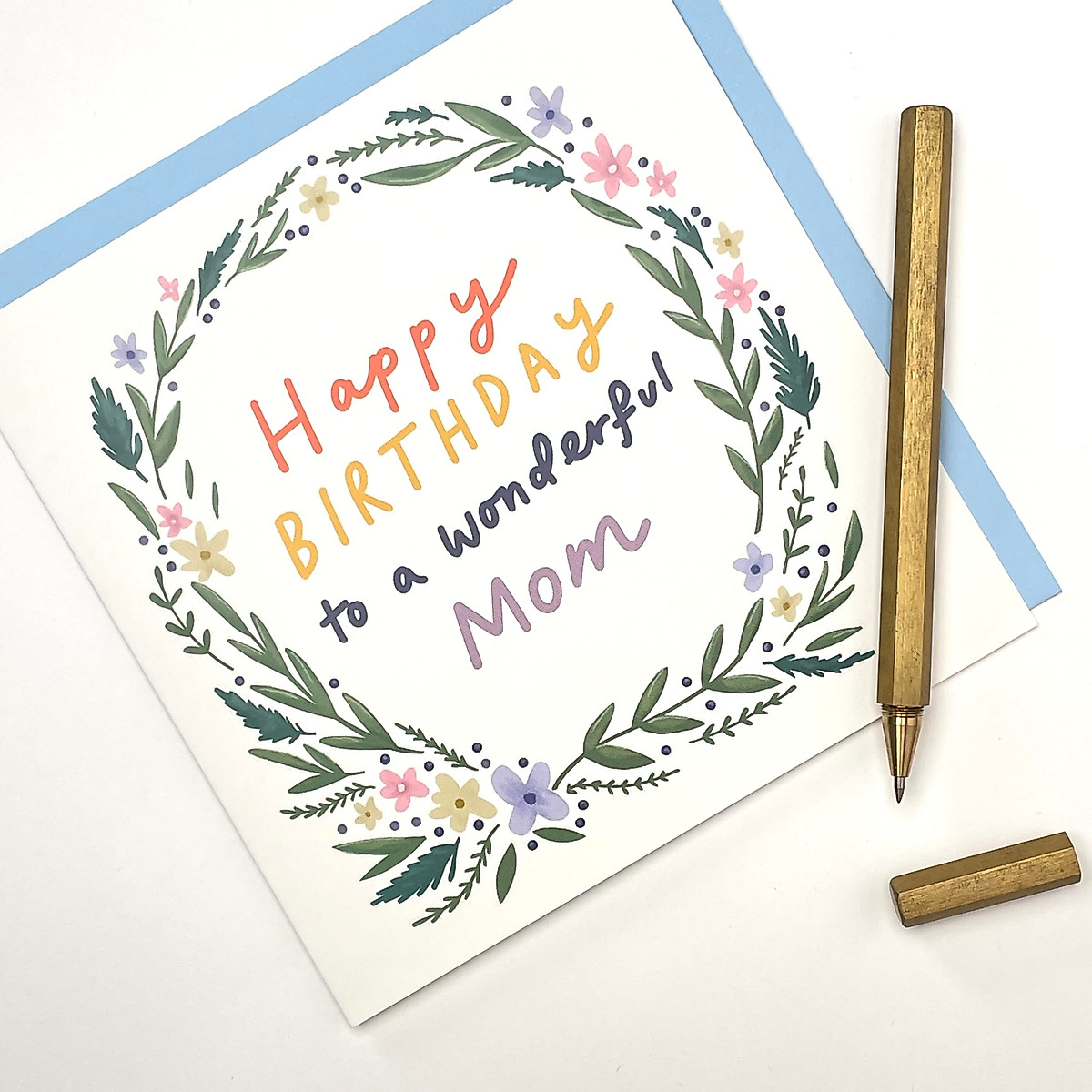 Old English Co. Floral Wreath Happy Birthday Wonderful Mom Card - Birthday Wishes for Her Greeting Card | From Daughter, Son, Children | Blank Inside & Envelope Included