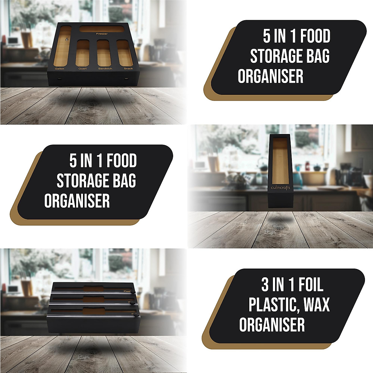 Culincraft Bamboo Storage Bag Organizer kitchen drawer | Holder for Gallon, sandwich and snack bags, aluminium foil holder with Plastic Wrap Storage Organizer