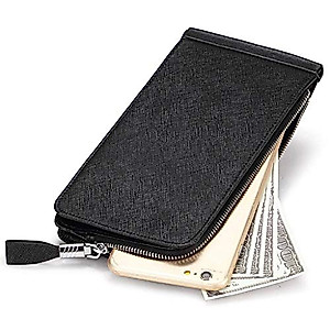 Huztencor Women's Credit Card Holder RFID Blocking Leather Multi Card Organizer Wallet Slim Long Zipper Bi-fold Business Card Case Clutch Wallet with ID Window Black (FBA)