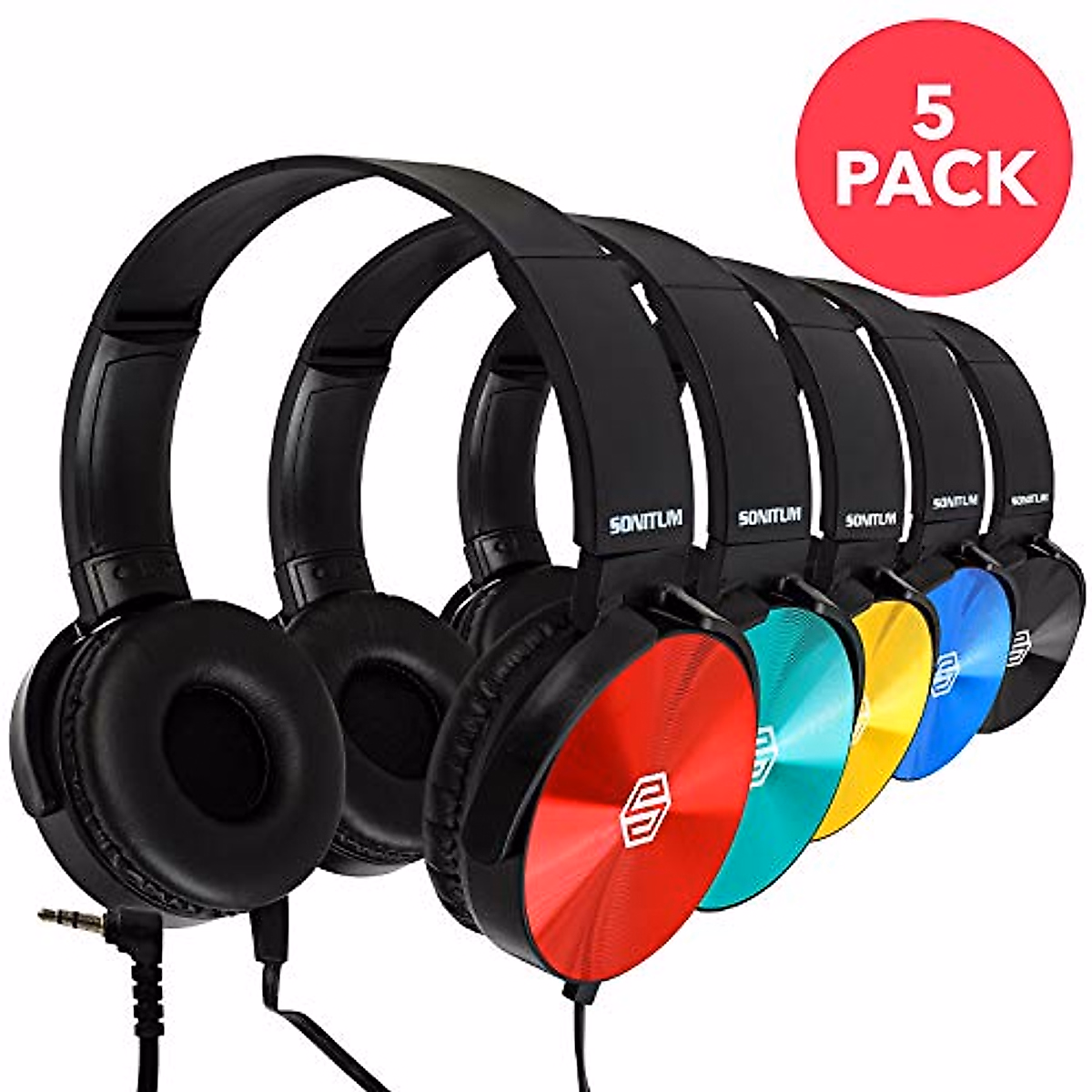 Kids Headphones Bulk 5 Pack, Student On Ear Color Varieties, Comfy Swivel Earphones for Classroom, Library, School, Airplane, for Online Learning and Travel, Noise Stereo Sound 3.5mm Jack (Colorful)