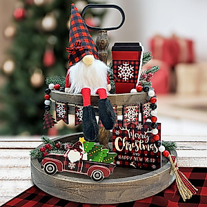 Christmas Tiered Tray Decorations, Christmas Wooden Signs & Gnome Plush Decor Buffalo Plaid 6 PCS for Home Indoor Table, Xmas Tabletop Farmhouse Rustic for Home Kitchen Holiday