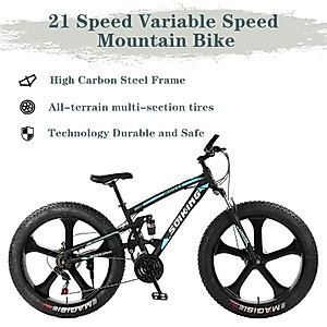 Fat Tire Mountain Bike, 26'' 21 Speed Outdoor Snow Beach Hybrid MTB Racing Bikes for Adult Women Men, Comfort Complete Cruiser Bicycle, Lightweight City Commuter Road Cycling, Dual Disc Brakes (I)