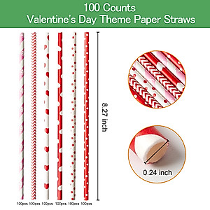 [100 Pack] Valentine Paper Straws, φ0.24''*8.27'' Red Heart Paper Straws for Valentines, Wedding, Party, Eco Friendly Drinking Straws (Red Heart, 0.24''*8.27'')