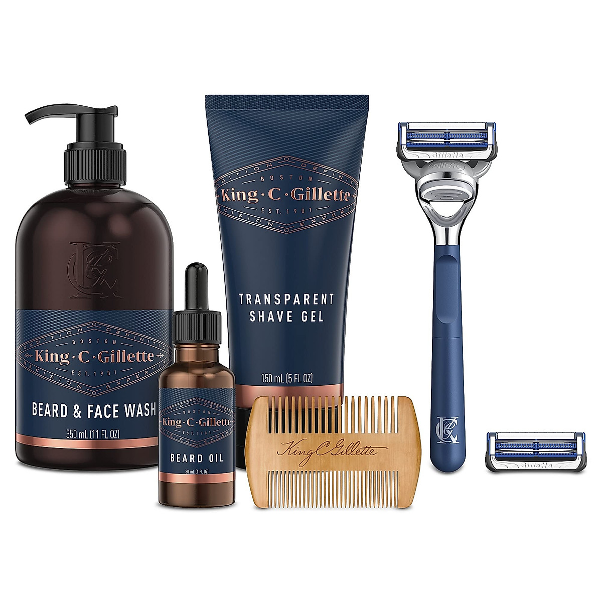 King C. Gillette Grooming Kit, 1 Razor with 2 Blade Refills,1 Oz Beard Oil, 11 Oz Beard Wash, 5 Oz Shave Gel, 1 Comb