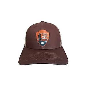 National Park Service Trucker mens Snapback Hat with National Park Service (NPS) Woven Patch (Brown on Khaki)