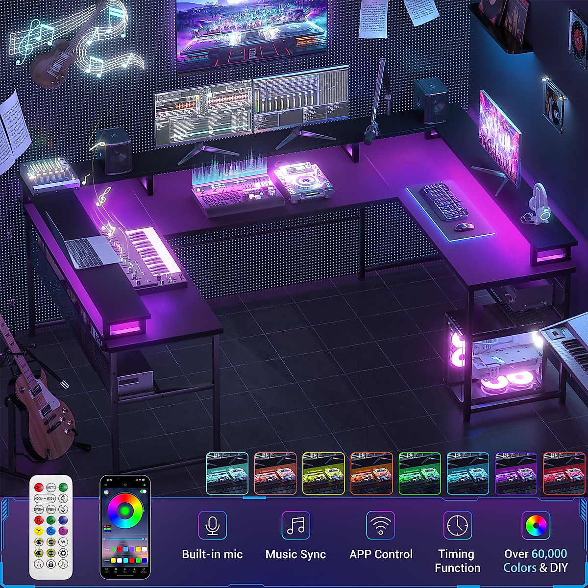 Unikito U Shaped Computer Desks, Reversible Office Desk with LED Strip and Power Outlets, L Shaped Table with Full Monitor Stand and Storage Shelves, 83 Inch Large U- Shape Gaming Desk, Black