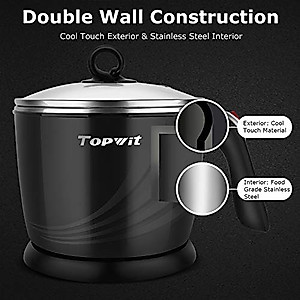 Topwit Electric Hot Pot Mini, 1.2 Liter Electric Cooker, Noodles Cooker, Electric Kettle with Multi-Function for Steam, Egg, Soup and Stew with Over-Heating Protection, Boil Dry Protection, Dual Power