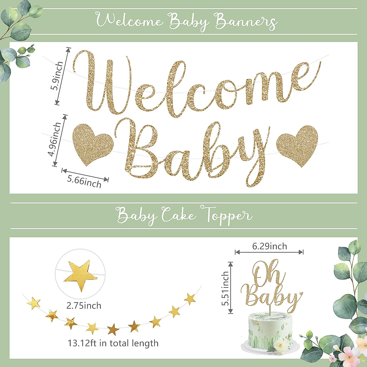 Amandir Baby Shower Decorations Sage Green Balloons Welcome Baby Banner, Cake Topper, Paper Lanterns, Pom Poms Flowers Tassels, Circle Dots Star Garland, Neutral Gender Reveal Birthday Party Supplies