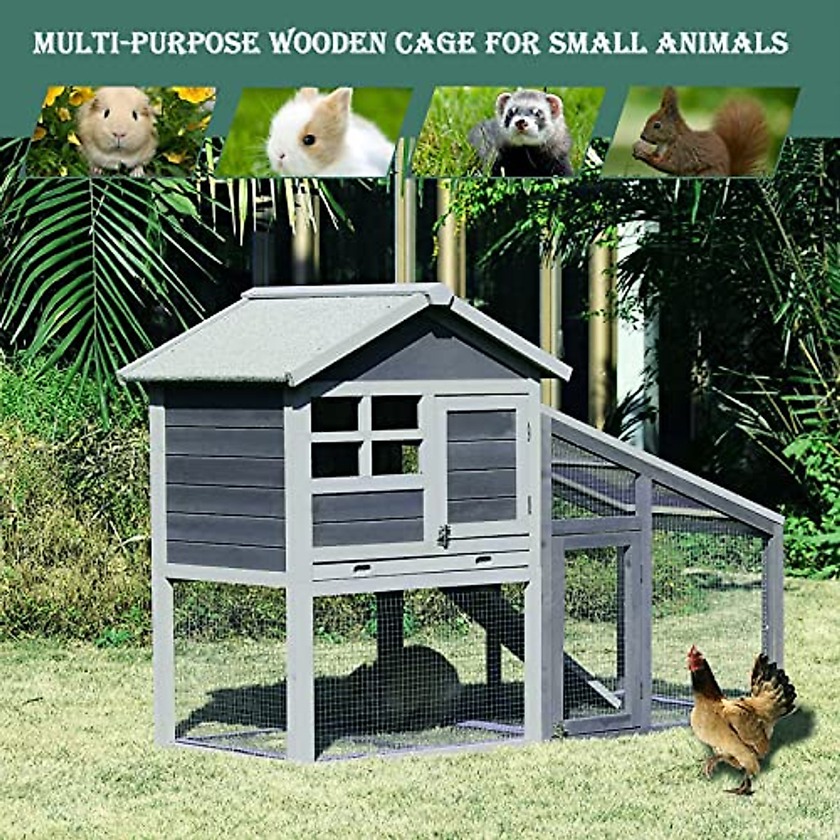 HAPPAWS Rabbit Hutch Cage w/Hay Feeder, 58 Inch Bunny Cage Condo Wooden Quail Chicken Coop, Indoor Outdoor Hen Pet House w/Removable Tray, Ramp, Waterproof Roof, Lockable Doors for Small Animals