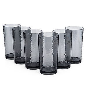 KX-WARE 20-ounce Acrylic Glasses Plastic Tumbler, set of 6 Smoky Grey - Hammered Style, Dishwasher Safe, BPA Free