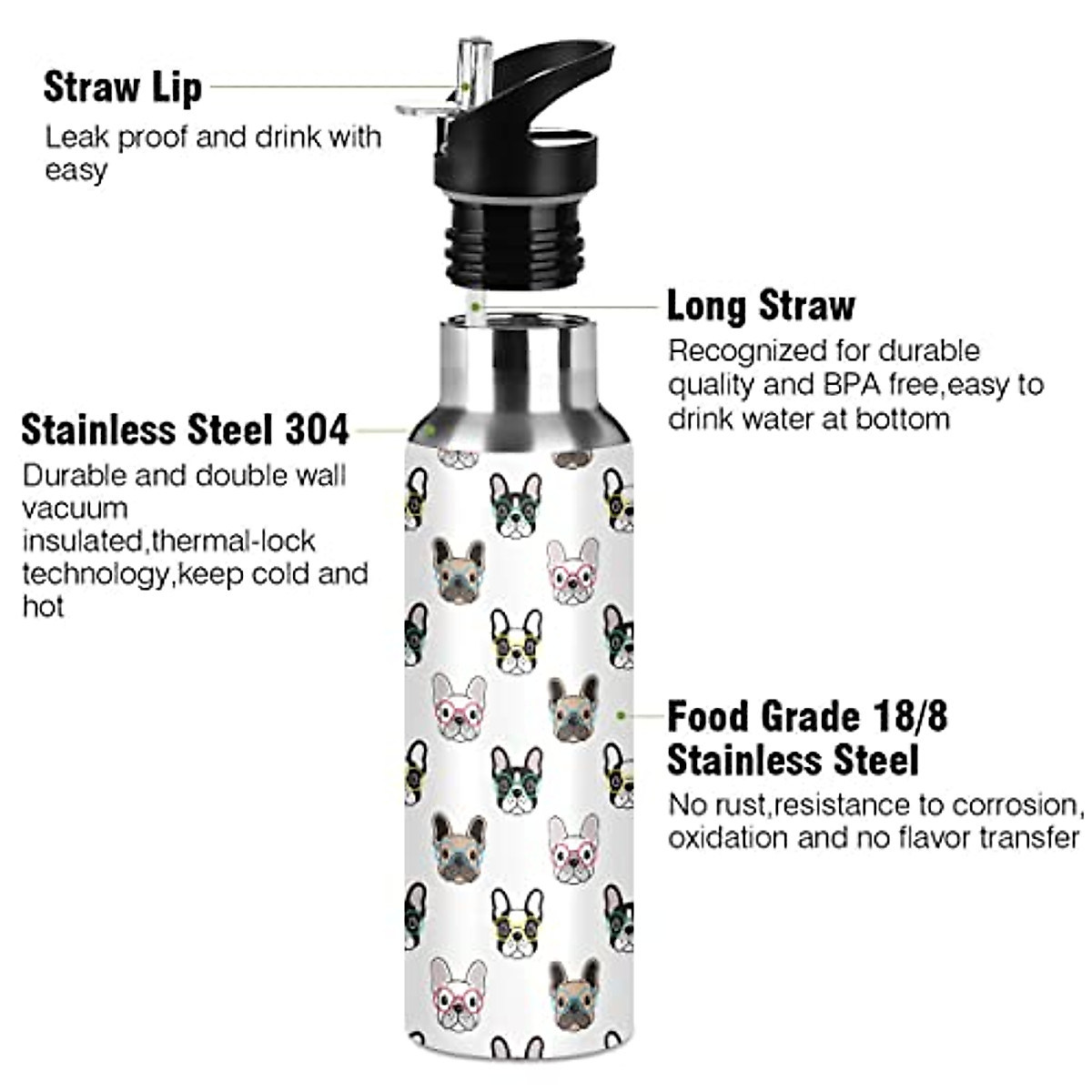 French Bulldog Dog Animals Insulated Water Bottle with Straw, Stainless Steel BPA Free Water Flask Gym Sport, 20 oz Hot Cold