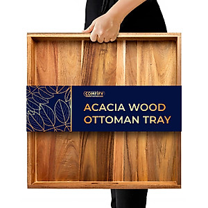 Extra Large (22") Square Premium Acacia Wood Ottoman Tray with Handles - Use for Serving Food in Style for Dinner, Breakfast, Snacks, BBQ, Entertaining Guests & More