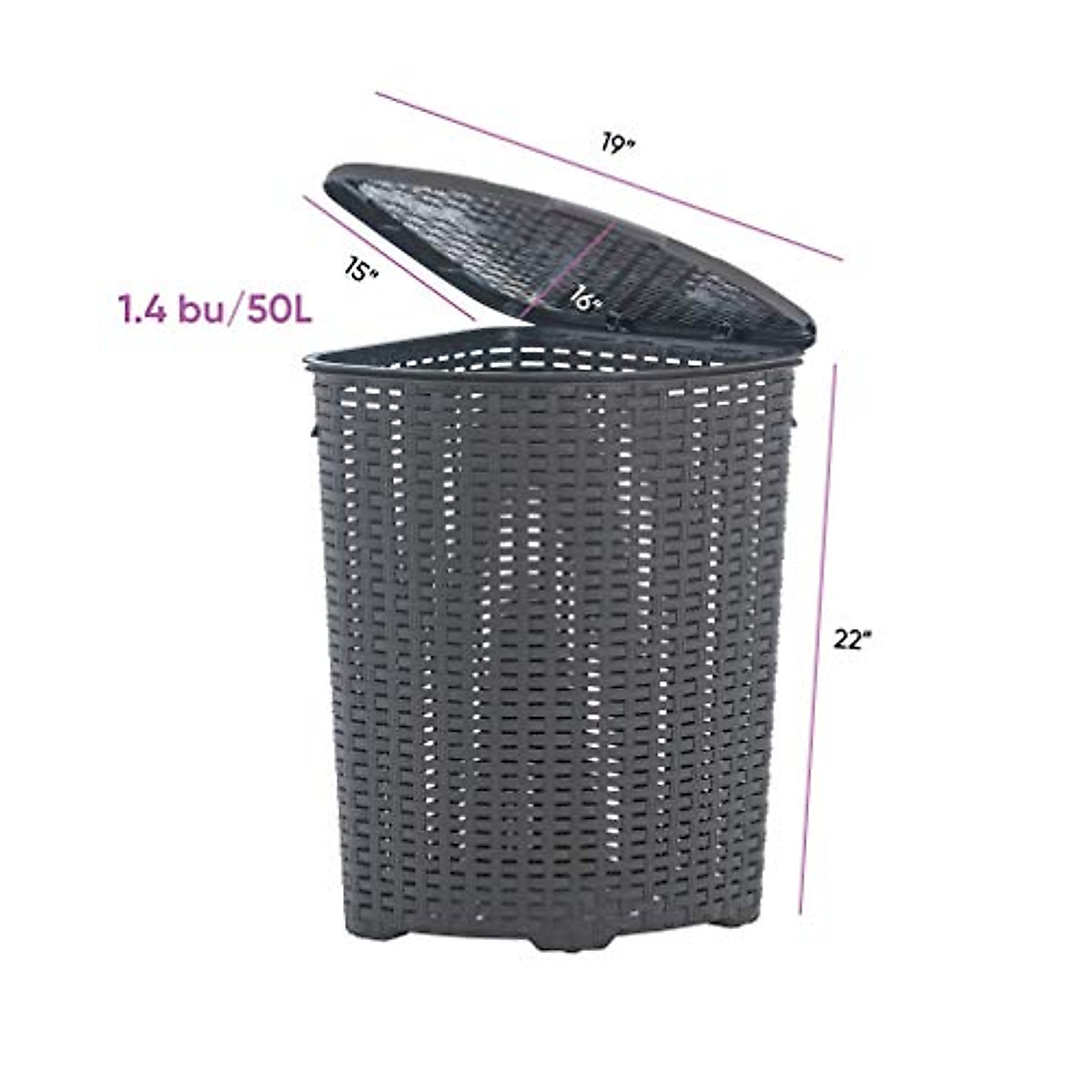 Corner Laundry Hamper Basket with Lid 50 Liter - Brown Wicker Hamper, Durable, Lightweight Bin with Cutout Handles - Storage Dirty Cloths Curved Shape Design Fits Bathroom, Door, Closet. By Superio
