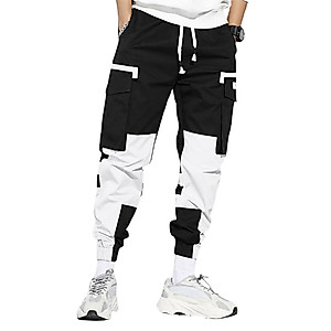 WDIRARA Men's Colorblock Patchwork Streetwear Cargo Pants Active Sporty Pants with Pockets Black and White S