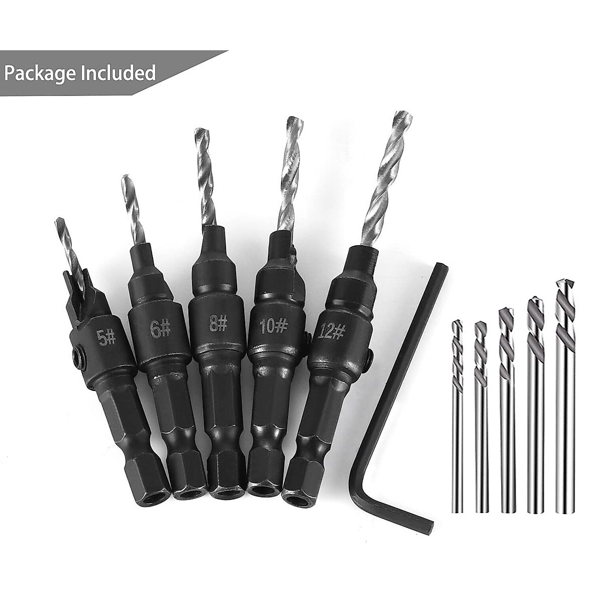 Saipe 5pcs Wood Countersink Drill Bit Set Hex Shank Quick Change Counter Sinker Pre Hole Drill Bit Set Screw Counterbore Bit Pilot Bit Set #5, 6, 8, 10, 12 for Woodworking and Carpentry