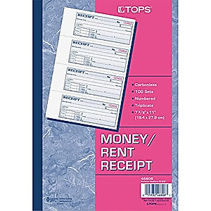 TOPS Money/Rent Receipt Book, 3-Part, Carbonless, 11 x 7-5/8 Inches, 4 Receipts/Page, 100 Sets per Book (46808)