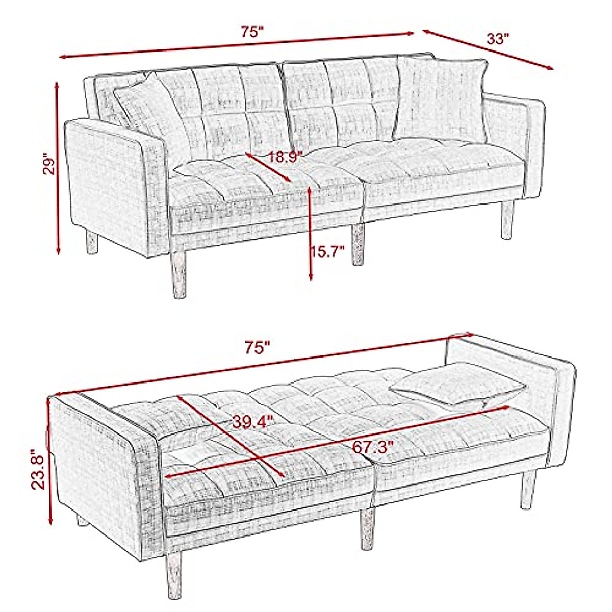 QSSLLC Futon Sofa Bed Convertible Loveseat, Sleeper Sofa with 2 Pillows and Solid Wood Legs, 76 inchL Sofa Couch for Compact Living Space, Apartment, Dorm - Dark Gray