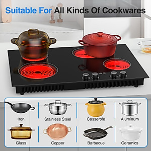 Electric Cooktop 30 Inch, Electric Stove 4 Burner Built-in Electric Cooktop,7200W Radiant Electric Cooktop Stove Itop,9 Power Levels,Timer,Knob Control,Kid Safety Lock,220-240V for Hard Wire(No Plug)