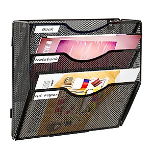 PAG Hanging Wall File Holder, 3 Tier Mail Sorter for Wall, Mesh Office Wall Organizer For Papers/Folders/Files Clipboard & Magazine, Black