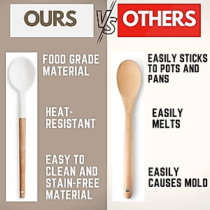 Silicone Kitchen Utensils Set | White Kitchen Utensils with Holder (11 PC) - Non Stick Kitchen Accesories for Cooking - White Kitchen Set with Wooden Handle by Five14