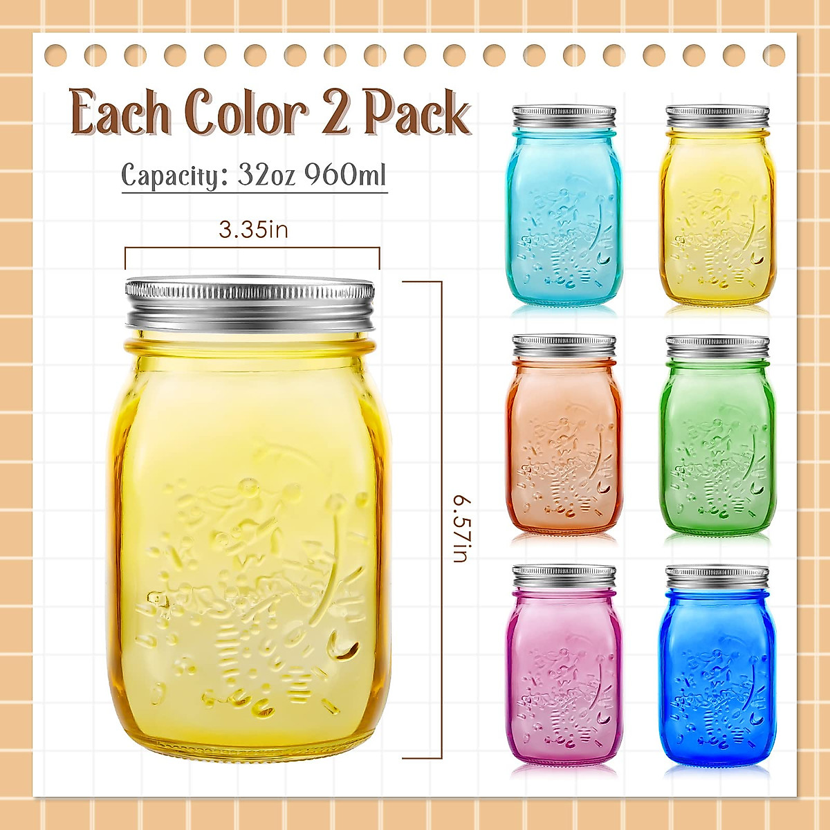 12 Pieces 32 oz Colored Mason Jars Glass Mason Jars with Lids Glass Wide Mouth Canning Jar NOT Allowed Dishwasher(Cute Colors)