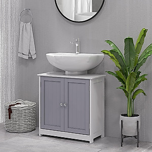 kleankin Pedestal Sink Storage Cabinet, Vanity Base Cabinet, Under Sink Bathroom Cabinet with U-Shape Cut-Out and Adjustable Internal Shelf, White and Gray