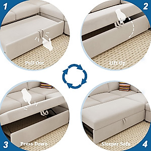 Belffin U Shaped Sectional Sleeper Sofa with Pull Out Bed Convertible Velvet Modular Sectional Couch Bed with Storage Ottoman Beige