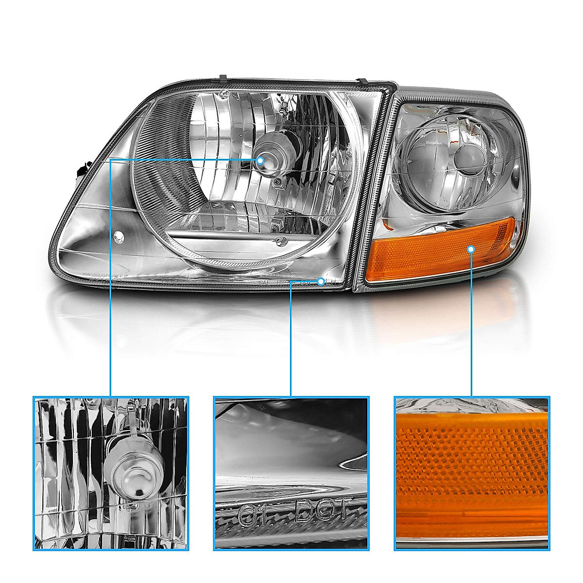 AmeriLite Replacement Crystal Halogen Car Headlights with Corner Parking Set For Ford F150 F-150 Harley Lighting - Driver and Passenger, Vehicle Light Assembly, Chrome