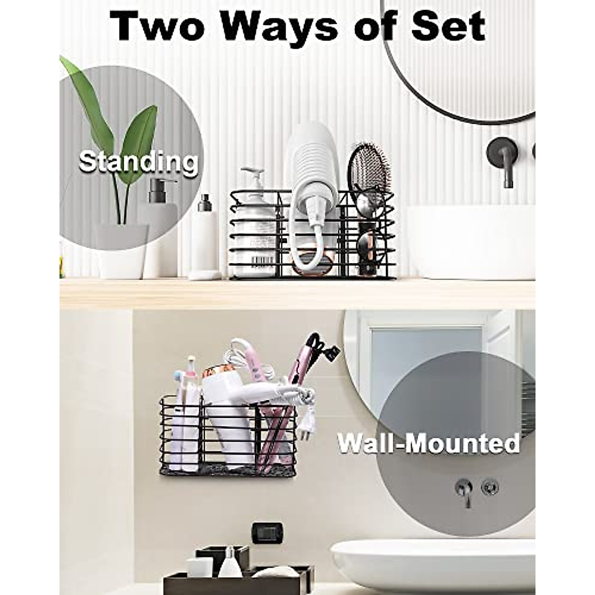 ULG Hair Dryer Holder, Hair Tool Organizer, Blow Dryer Holder, Wall Mounted, Bathroom Organizer for Hair Dryer, Flat Irons, Curling Wands, Hair Straighteners, 3 Sections, Black