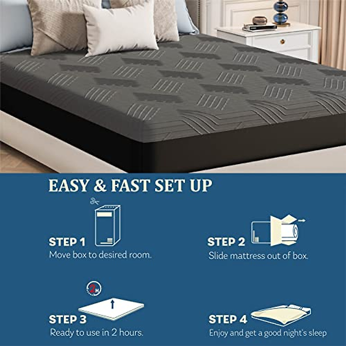 EGOHOME 10 Inch Queen Mattress, Copper Gel Memory Foam Mattress in a Box, Therapeutic Mattress for Back Pain Relief, Medium Double Mattress Made in USA, CertiPUR-US Certified, 60”x80”x10”, Black