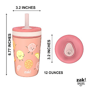 Zak Designs Kelso Tumbler Toddler Cup For Travel or At Home, 12oz Vacuum Insulated Stainless Steel Sippy Cup With Leak-Proof Design is Perfect For Kids (Happy Fruit)