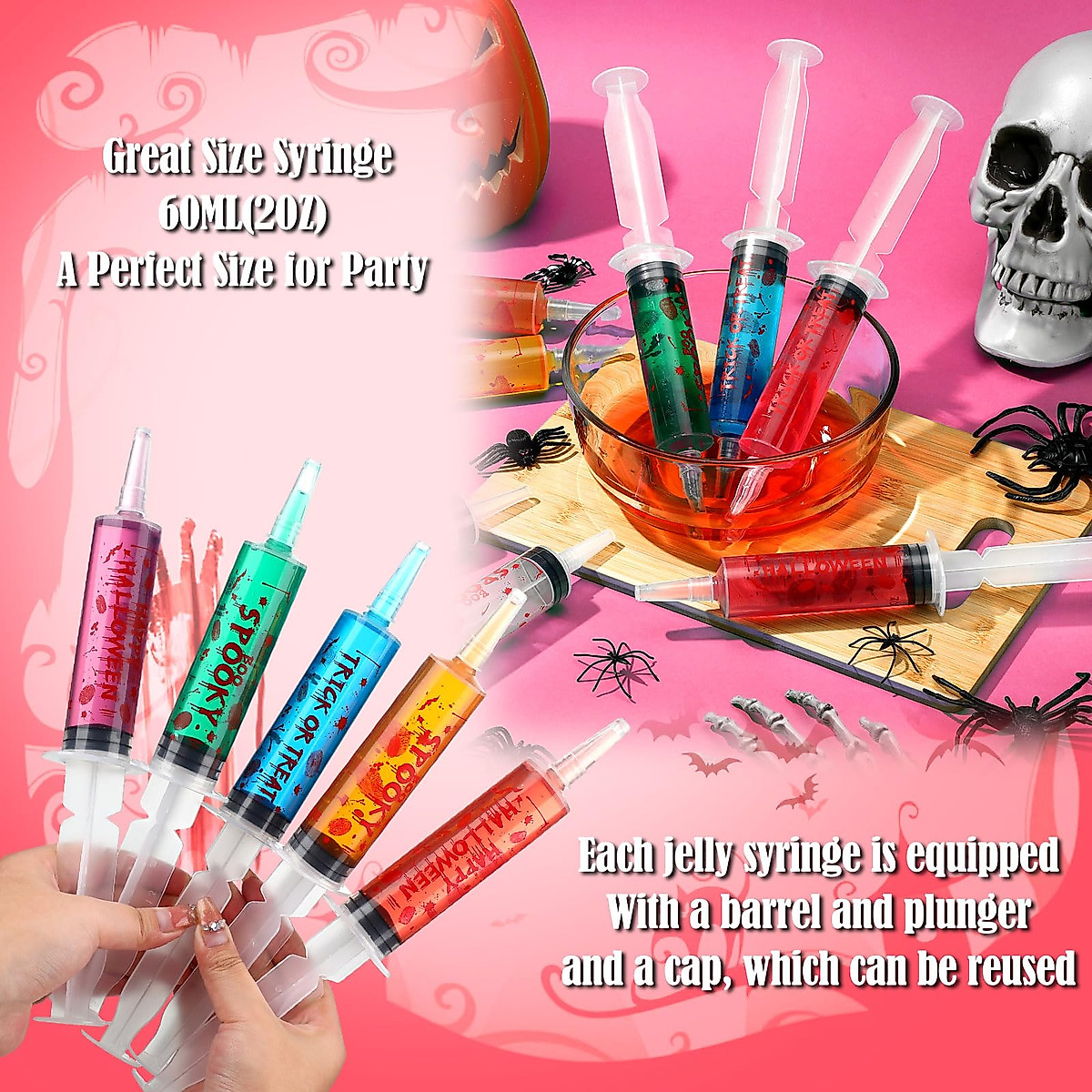 Poen 48 Pack Jelly Shot Syringes with Cap for Halloween Party 2oz 60ml Reusable Containers with Lids Plastic Tubes Boo Spooky Trick or Treat Happy Halloween Bloody Handprint Drink Syringes for Parties