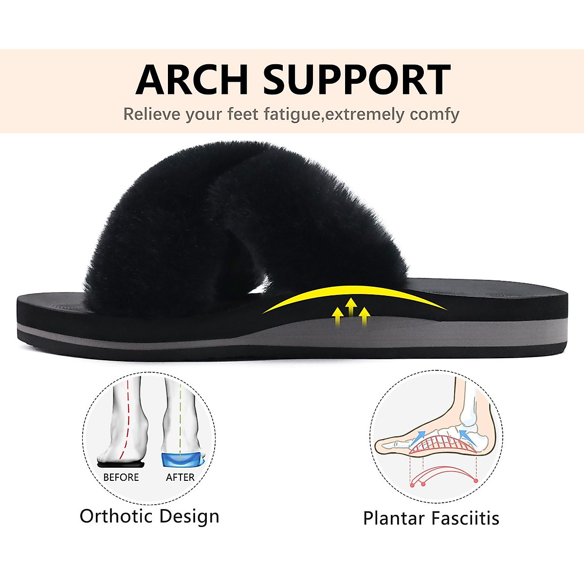 COFACE Womens Fuzzy Slides Fluff Fax Fur Cross Slippers Open Toe Yoga Mat House Slippers Sandals With Arch Support For Indoor/Outdoor