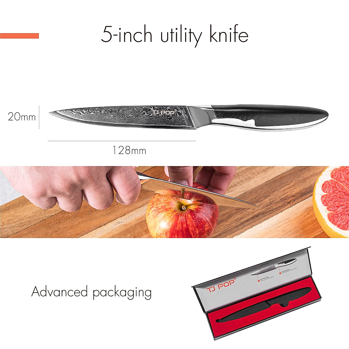 TJ POP Damascus Kitchen Utility Knife 5 Inch, Ultra Sharp Petty Chef Knife, Full-tang Knife, Japanese VG10 Steel Blade, Comfort Grip Non-slip G10 Handle