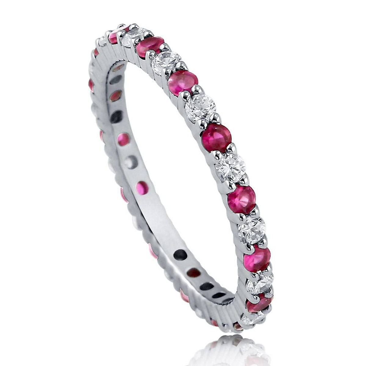 BERRICLE Sterling Silver Simulated Ruby Pave Set Cubic Zirconia CZ Stackable Fashion Anniversary Eternity Ring for Women, Rhodium Plated Size 6