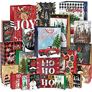 Party Funny 24 Christmas Gift Paper Bags Bulk with handles and 60 Count Christmas Gift Tags-Assorted sizes set for Wrapping Xmas Holiday Presents(6 Jumbo,6 Large,6 Medium,4 Small,2 Wine)